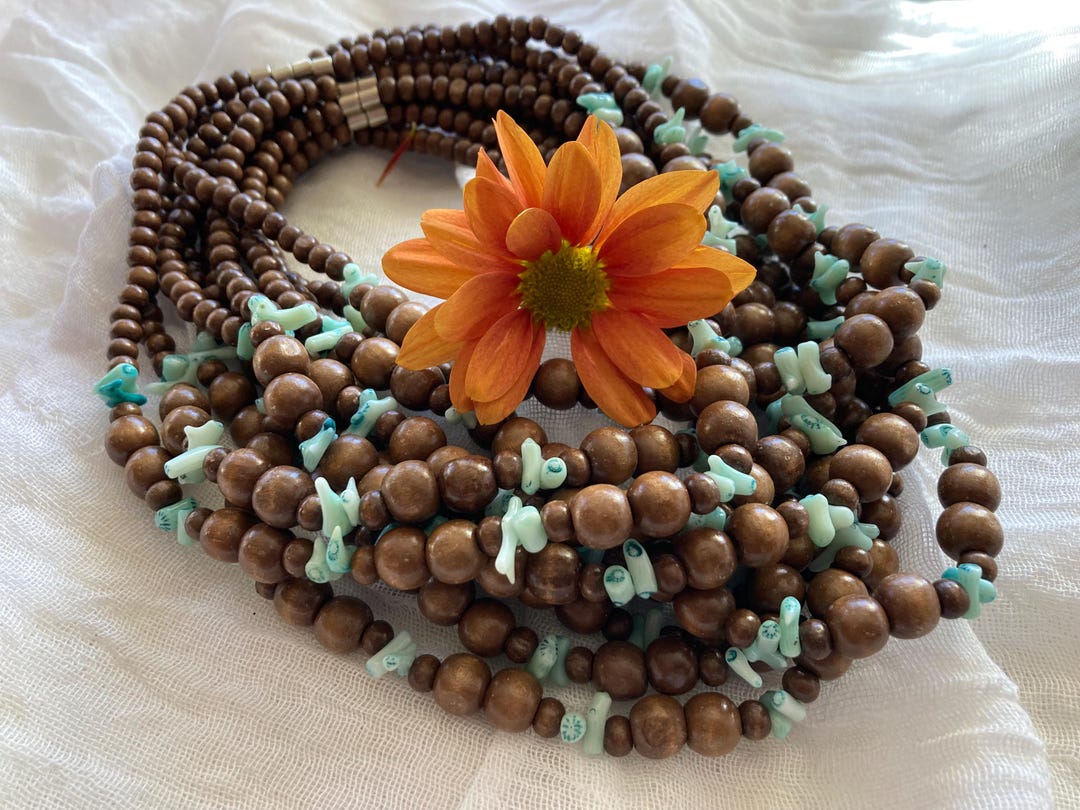 Light Blue Stick Coral Nuggets & Wood Round Beads ~ 16" Strand ~ 6mm ...