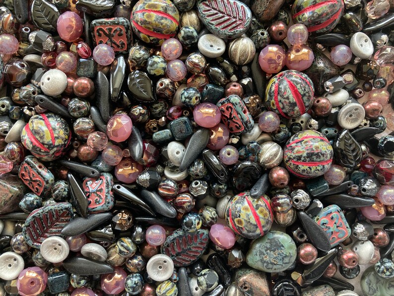 Czech Glass Bead Mix Assortment Jet Silver Pink Pressed Etsy