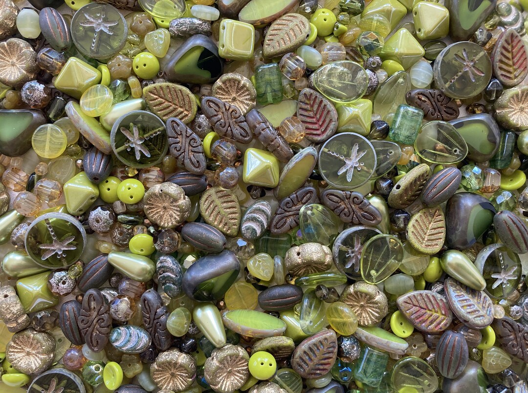 Czech Glass Bead Mix Assortment Olive Chartreuse Lime Pressed Fire