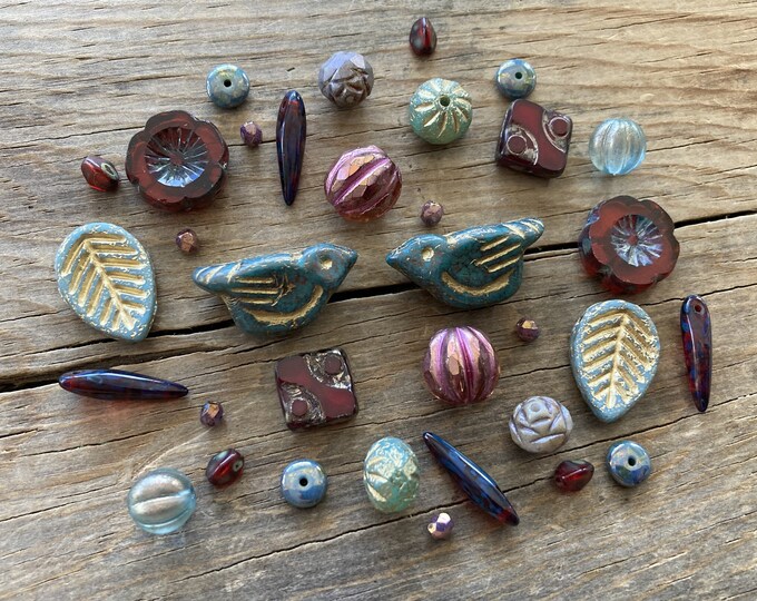 Artisan Czech Glass Bead Mix Green Picasso And Ruby Color Assortment Fire