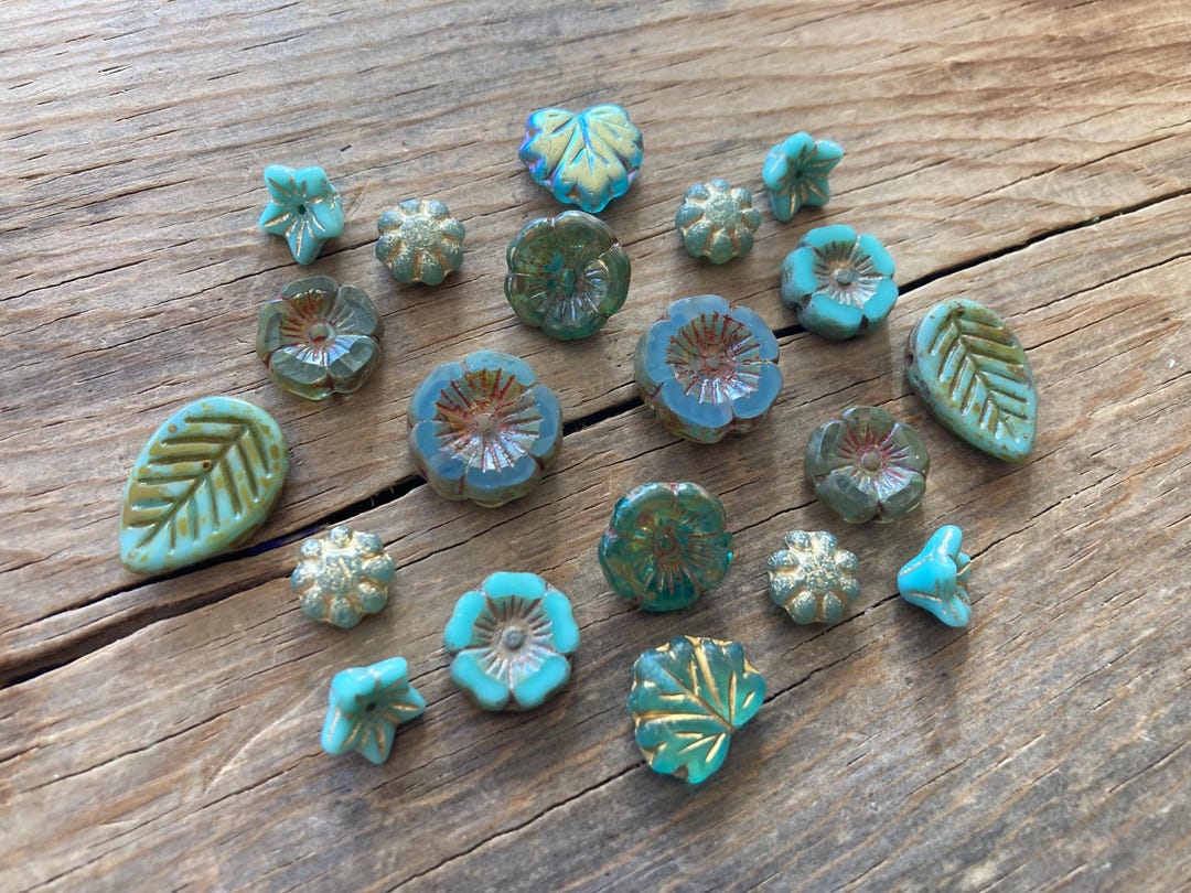 Artisan Czech Glass Flower & Leaf Bead Mix Aqua Celsian Sea Blue Color ...