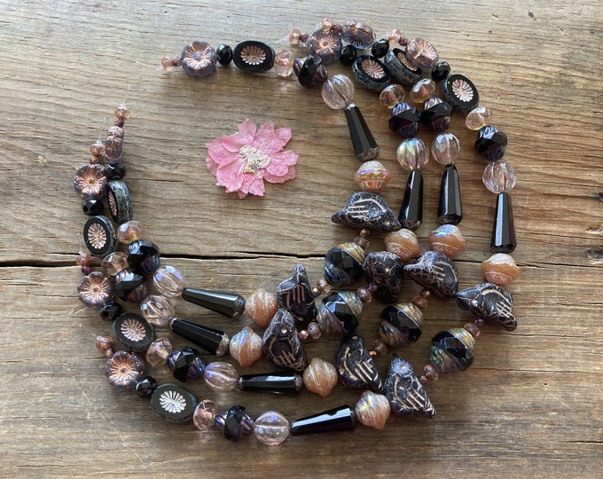 Czech Glass Bead Mix Blackbird Pressed Fire Polish Table Cut 9 Strand