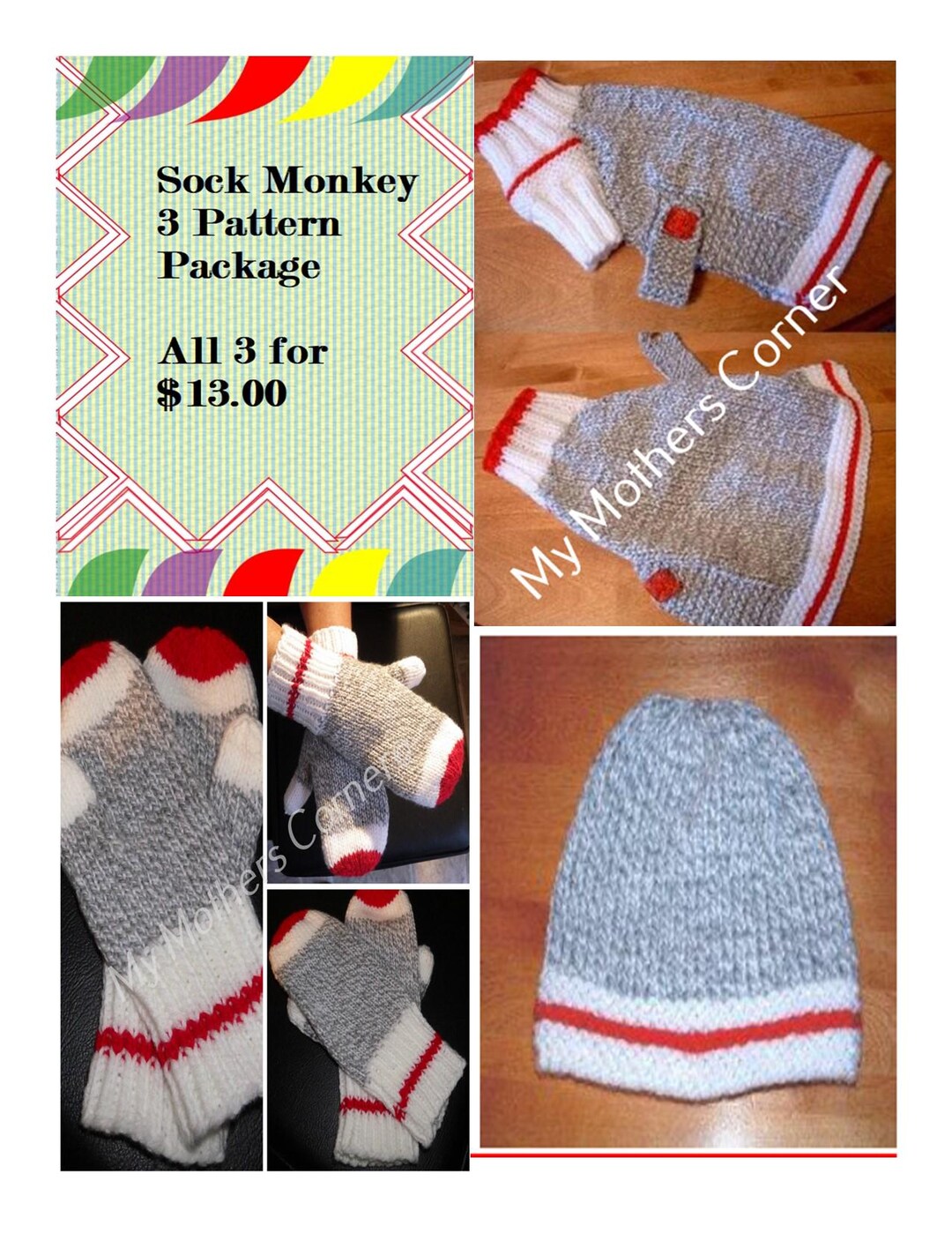 Sock Monkey Package..dog Sweater, Hat and Mittens Pdf Pattern ...