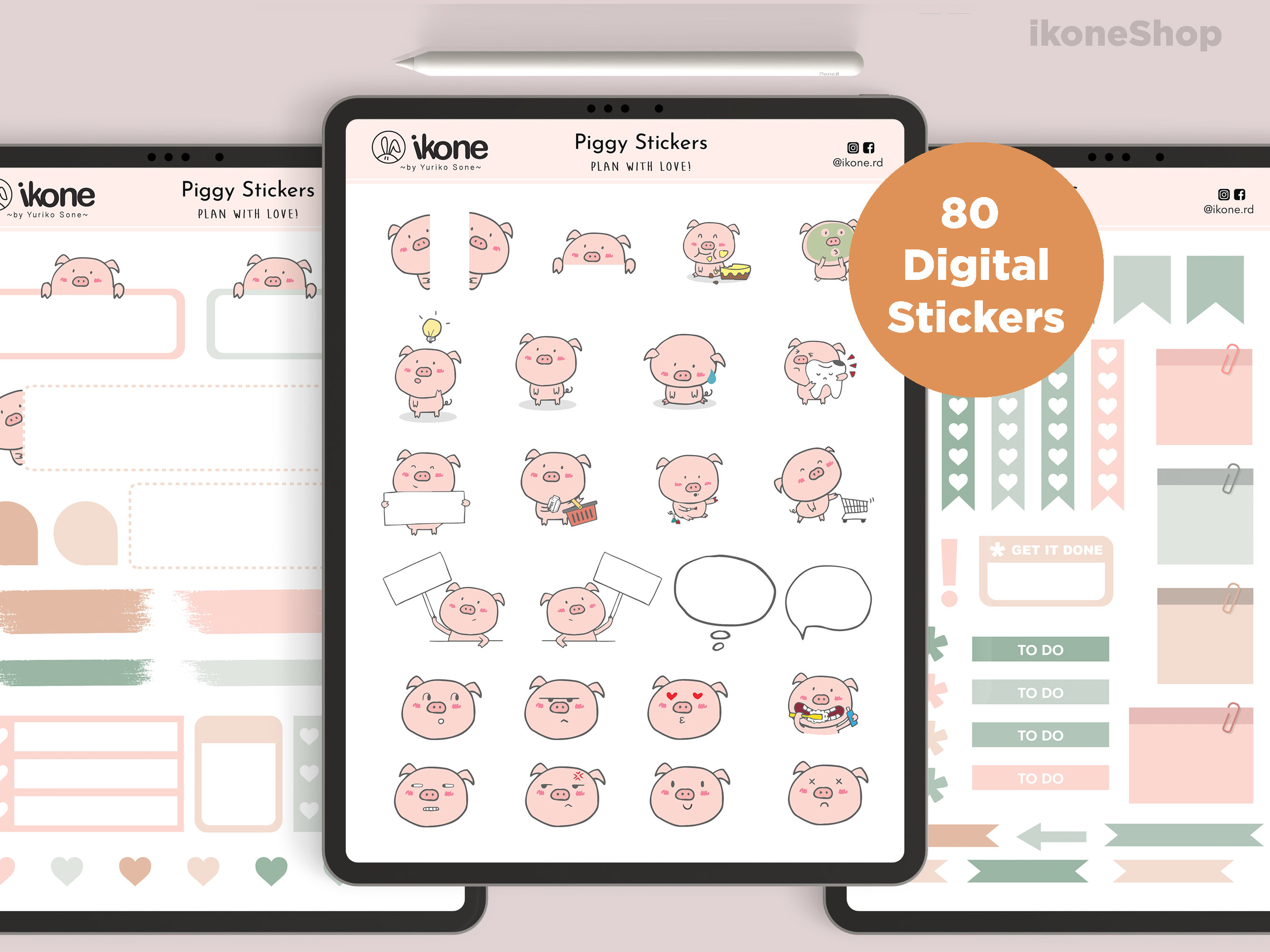 Cute Piggy Digital Stickers, Kawaii Pig Digital Planner Stickers ...