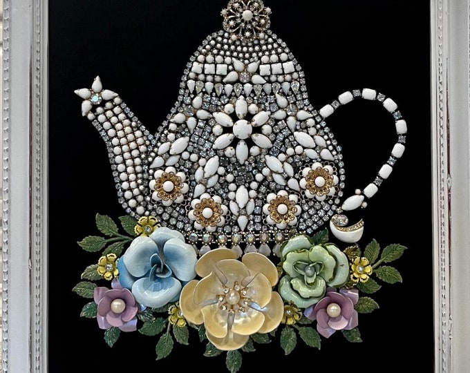 Handmade Unique Tea Pot With Flowers Framed Art From Vintage Jewelry - Etsy