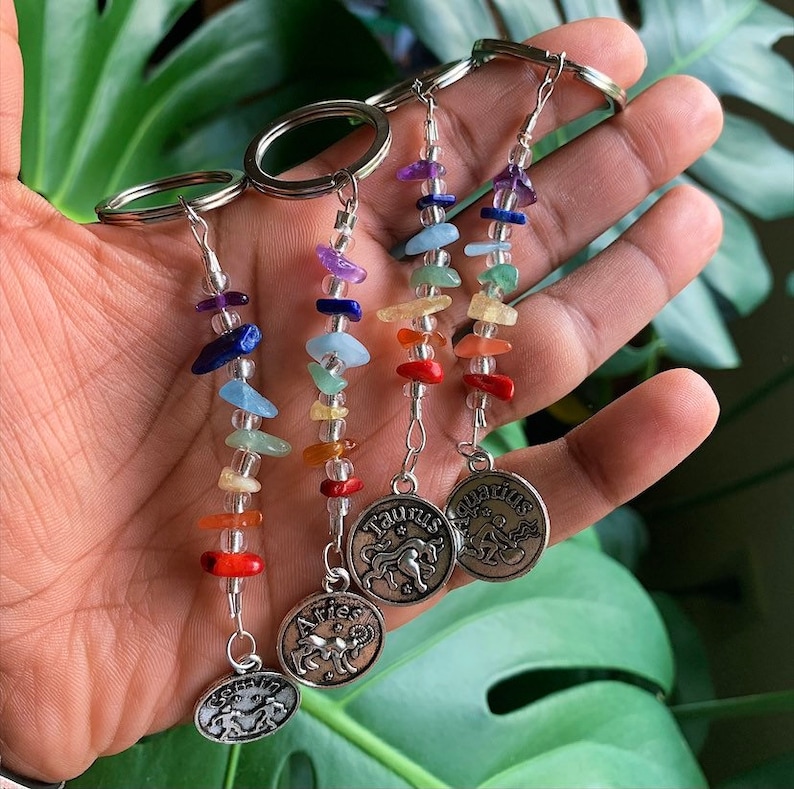 Chakra Zodiac Crystal Keychain, Rainbow Keychain, Beaded Keychain ...