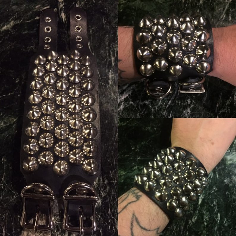 Five-row Staggered Cone Studded Leather Punk Cuff | SEXMAN LEATHER - Etsy