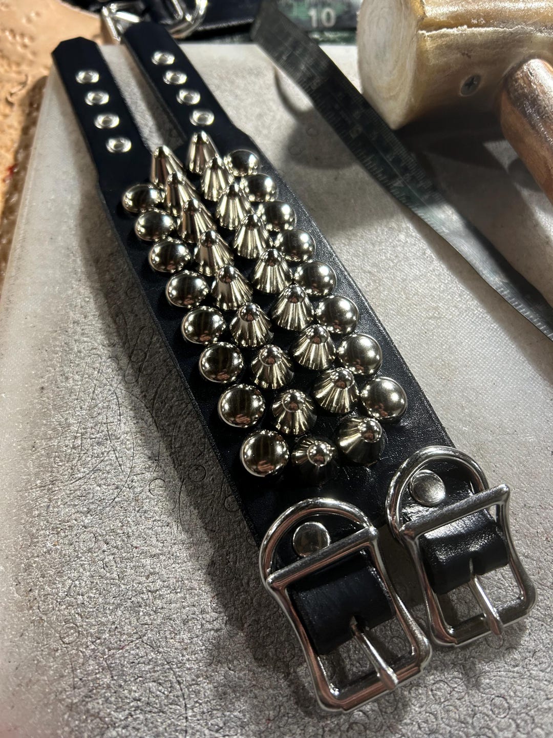 Four Row Tall Cone & Dome Studded Leather Cuff | SEXMAN LEATHER - Etsy