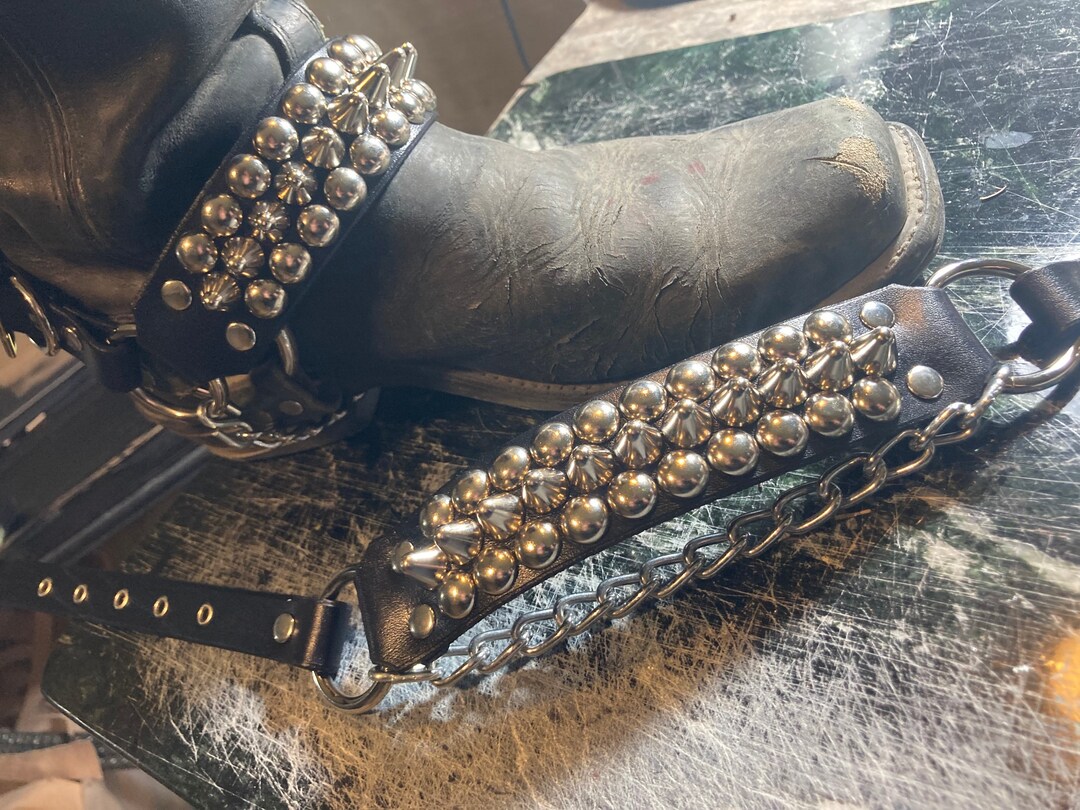 Heavy Rocker Bootstraps (pair) | SEXMAN LEATHER Dome Stud and Tall Cone Leather Bootstraps - Etsy