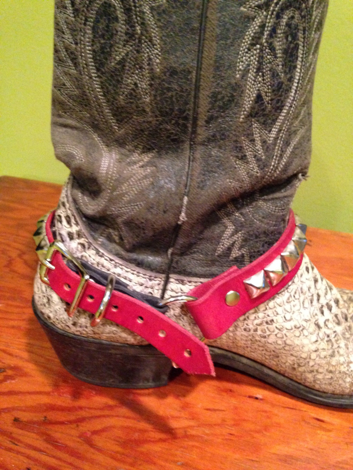 Red leather studded bootstrap | Etsy