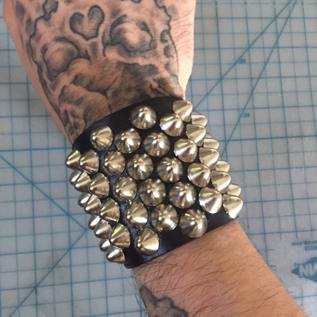 Five-row Staggered Cone Studded Leather Cuff | SEXMAN LEATHER - Etsy
