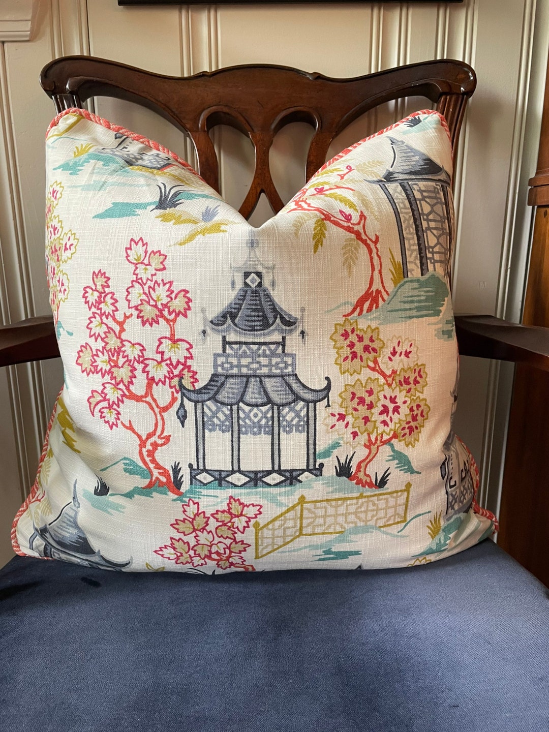 20” Pagoda Pillow Cover With Coral Chevron Back and Cording - Etsy