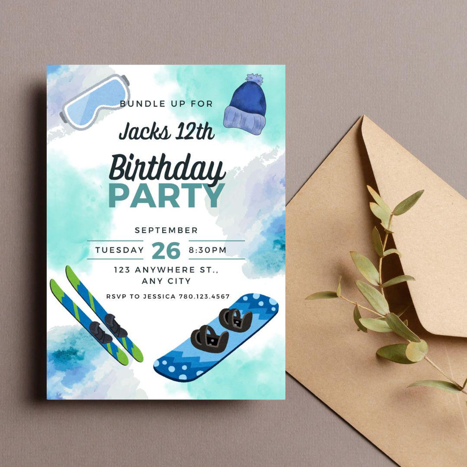 Editable Ski and Snowboard Birthday Party Invitation, Neon Party 5x7 ...
