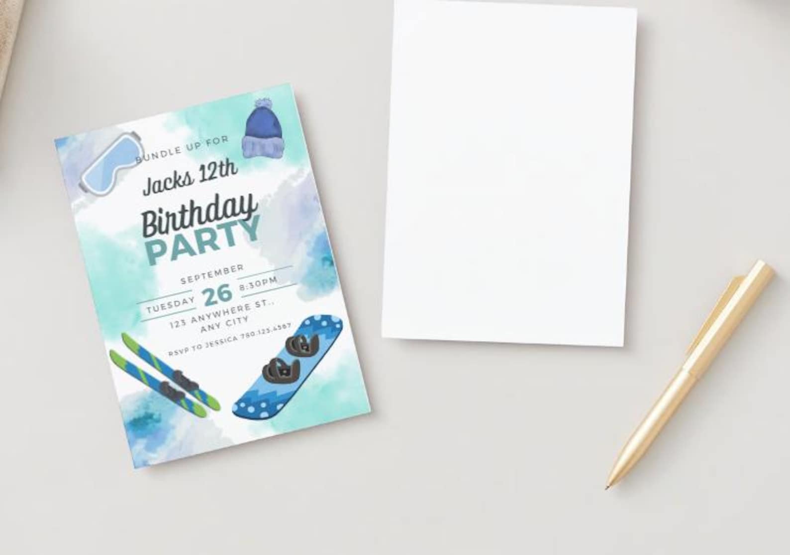 Editable Ski and Snowboard Birthday Party Invitation, Neon Party 5x7 ...