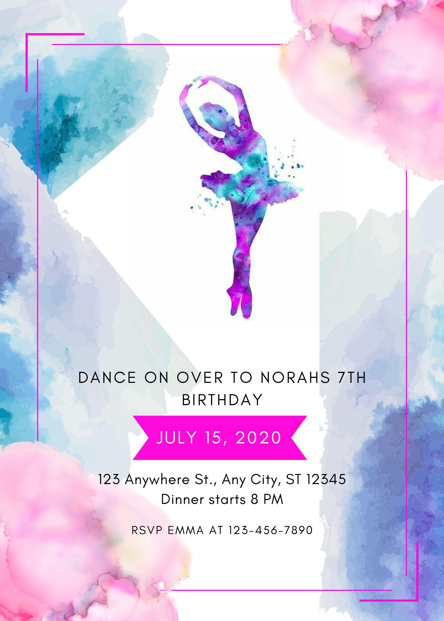 Editable Dance Party Invitation, Dance Birthday, Water Colour Ballet ...