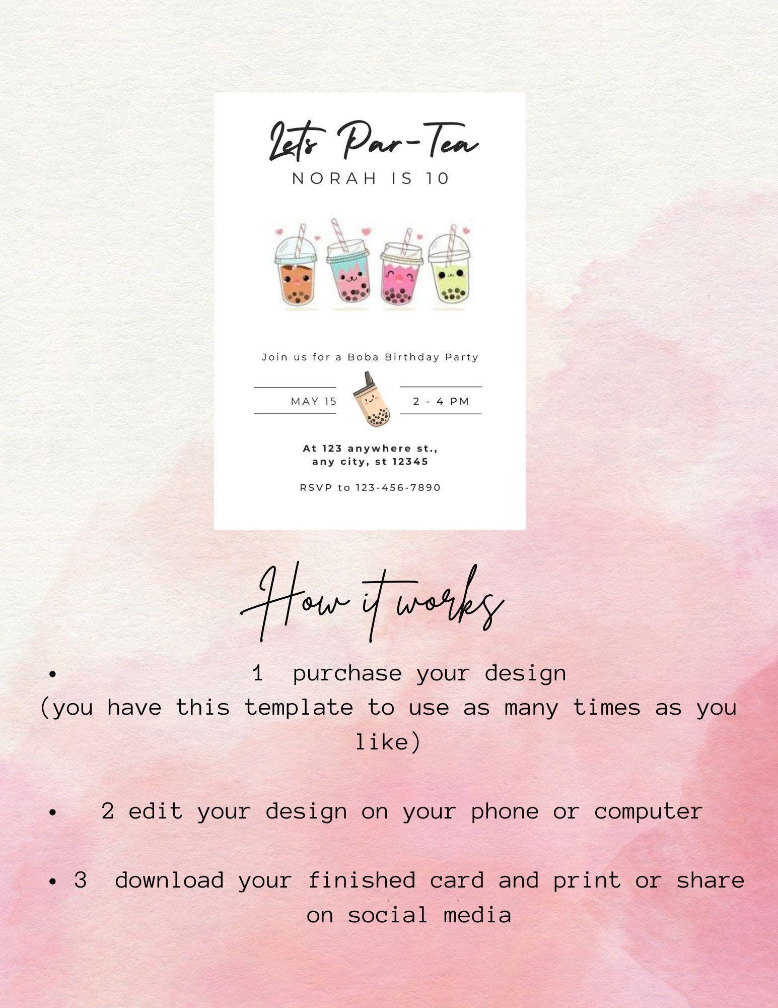 Editable Boba Party Invitation, Bubble Tea Birthday, 5x7 Invites - Etsy
