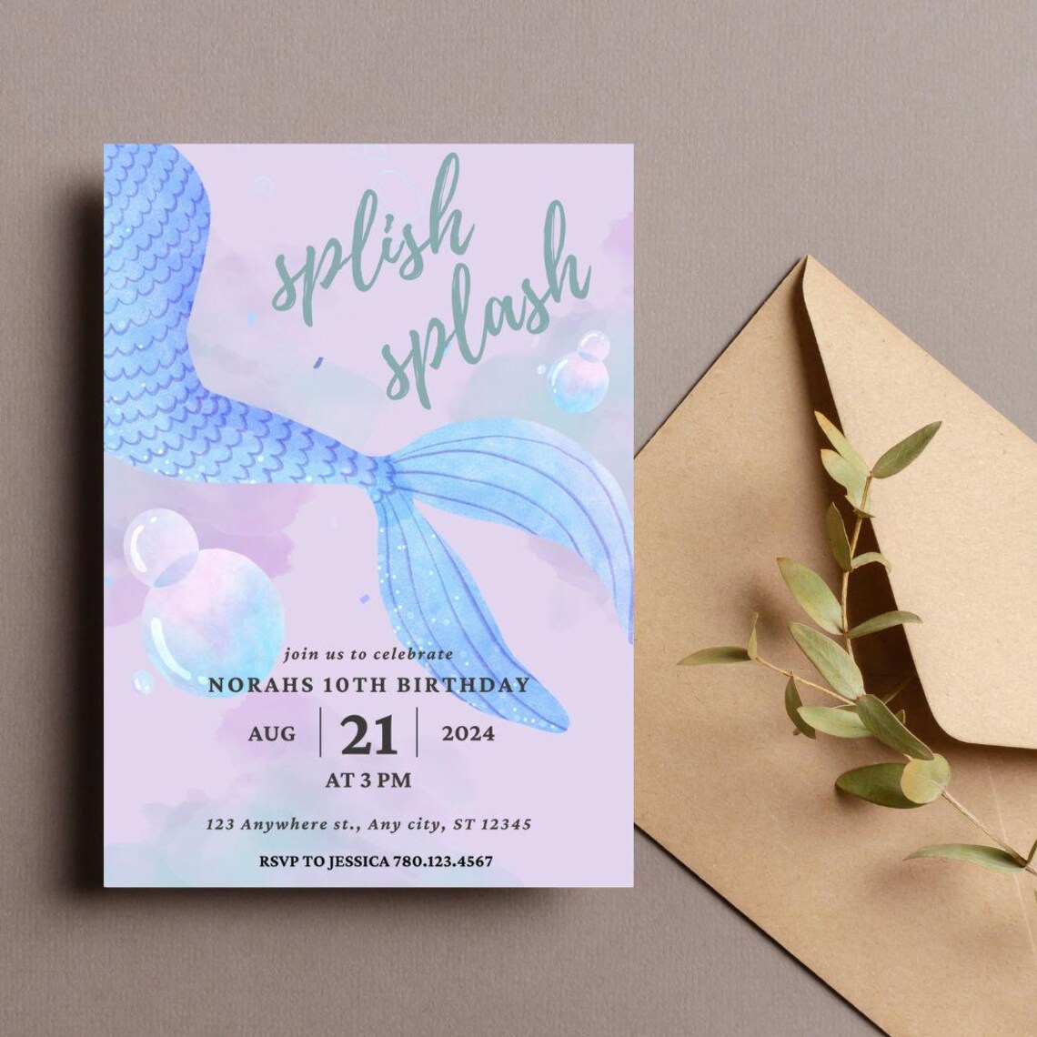 Editable Mermaid Party Invitation, Pool Party Birthday, Water Colour ...