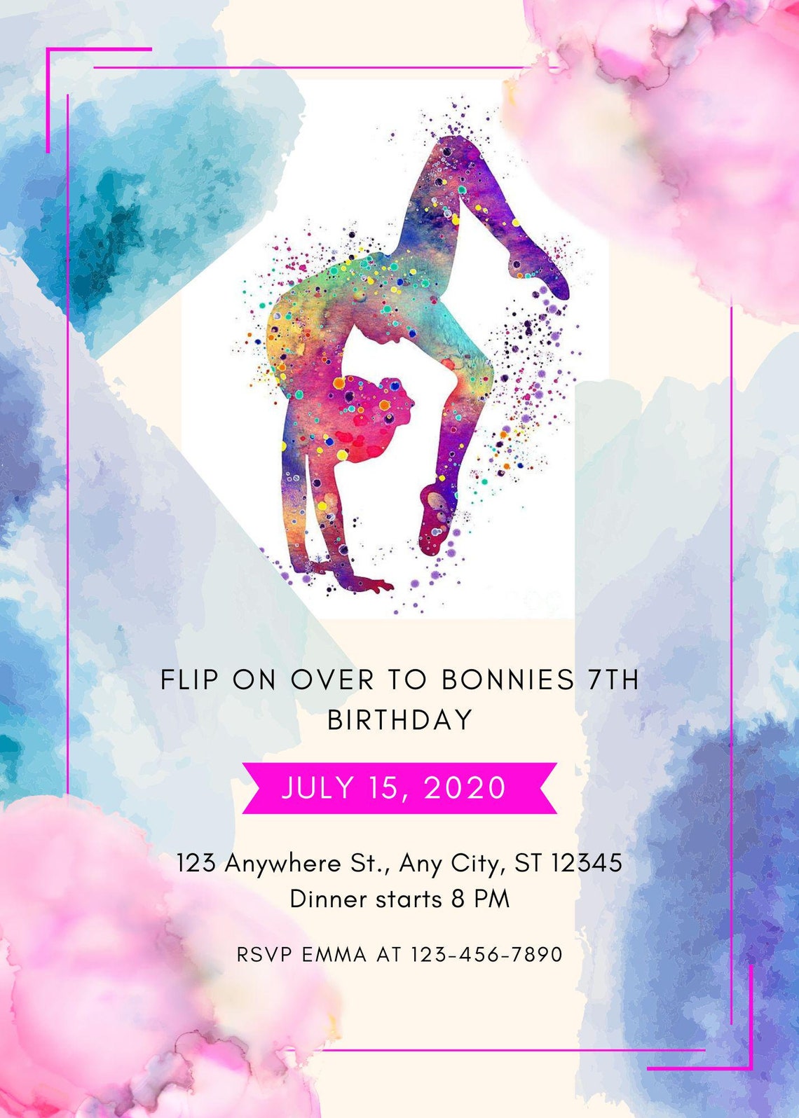 Editable Gymnastics Party Invitation, Gymnastics Birthday, Water Colour ...