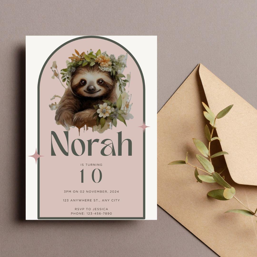Editable Boho Sloth Birthday, Flower Crown Sloth 5x7 Invites - Etsy