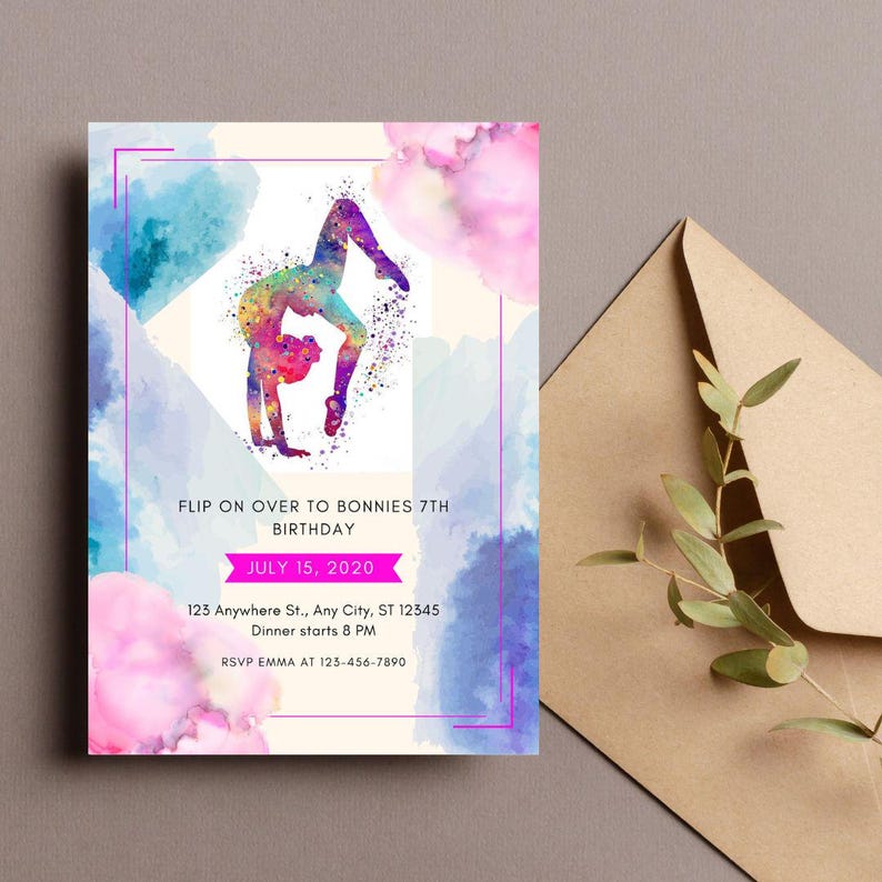 Editable Gymnastics Party Invitation, Gymnastics Birthday, Water Colour ...
