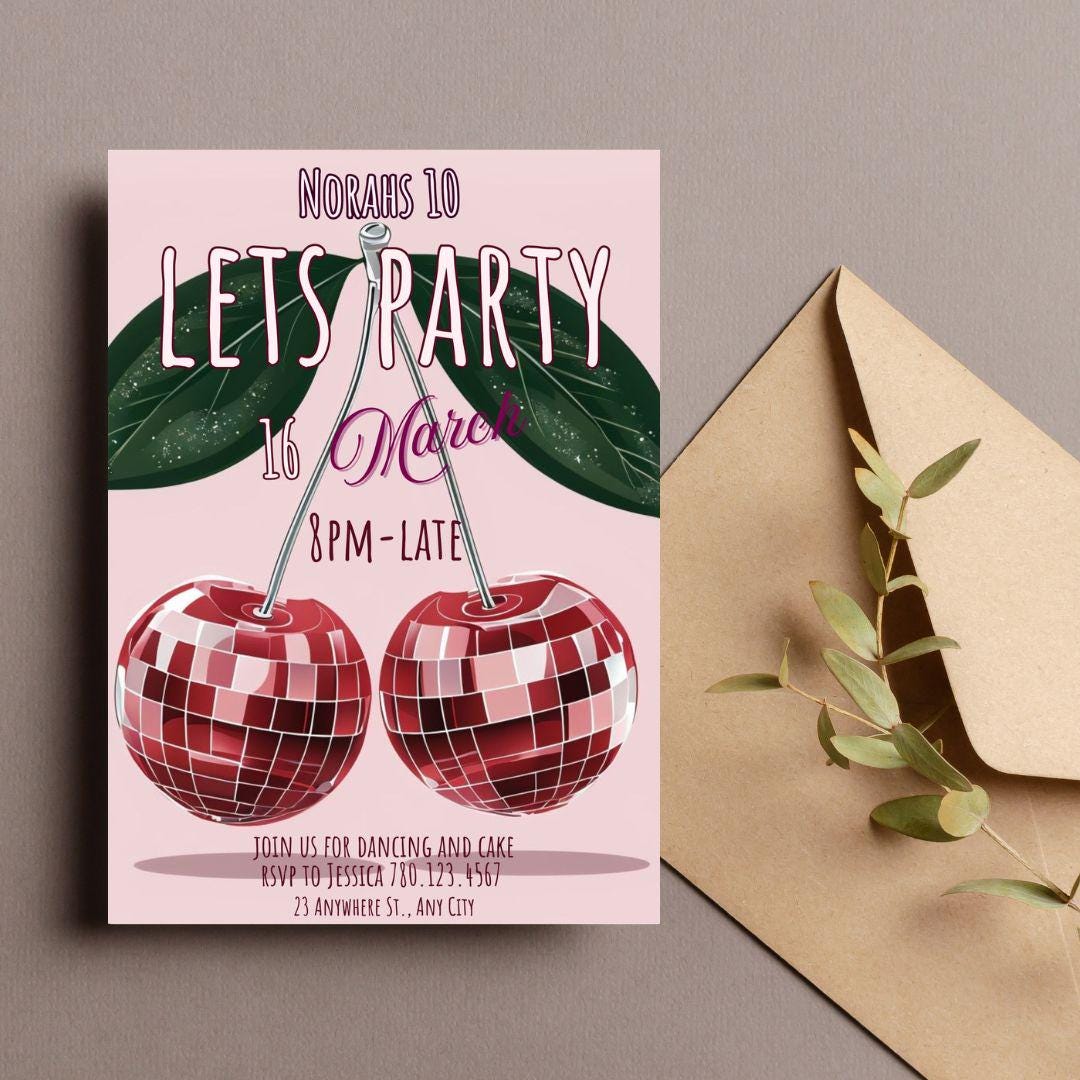 Editable Disco Cherry Party Invitation, Cherry Birthday, 5x7 Invites - Etsy