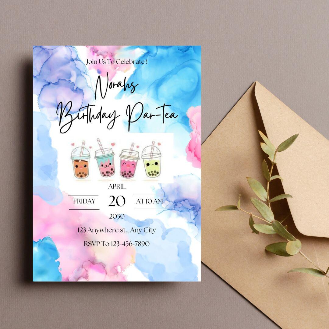 Editable Bubble Tea Party Invitation, Watercolour Boba Birthday, 5x7 ...