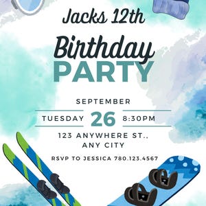 Editable Ski and Snowboard Birthday Party Invitation, Neon Party 5x7 ...