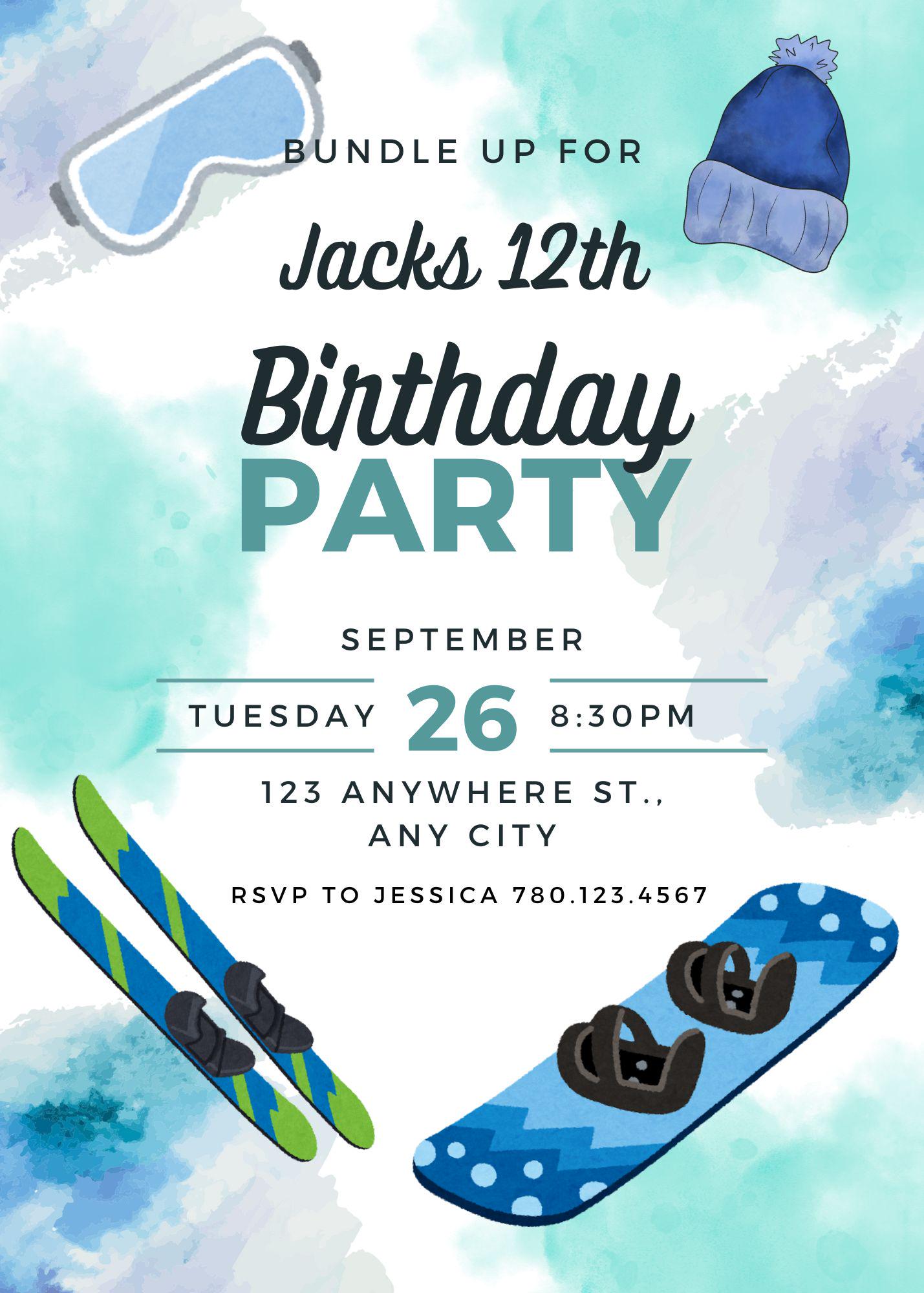 Editable Ski and Snowboard Birthday Party Invitation, Neon Party 5x7 ...