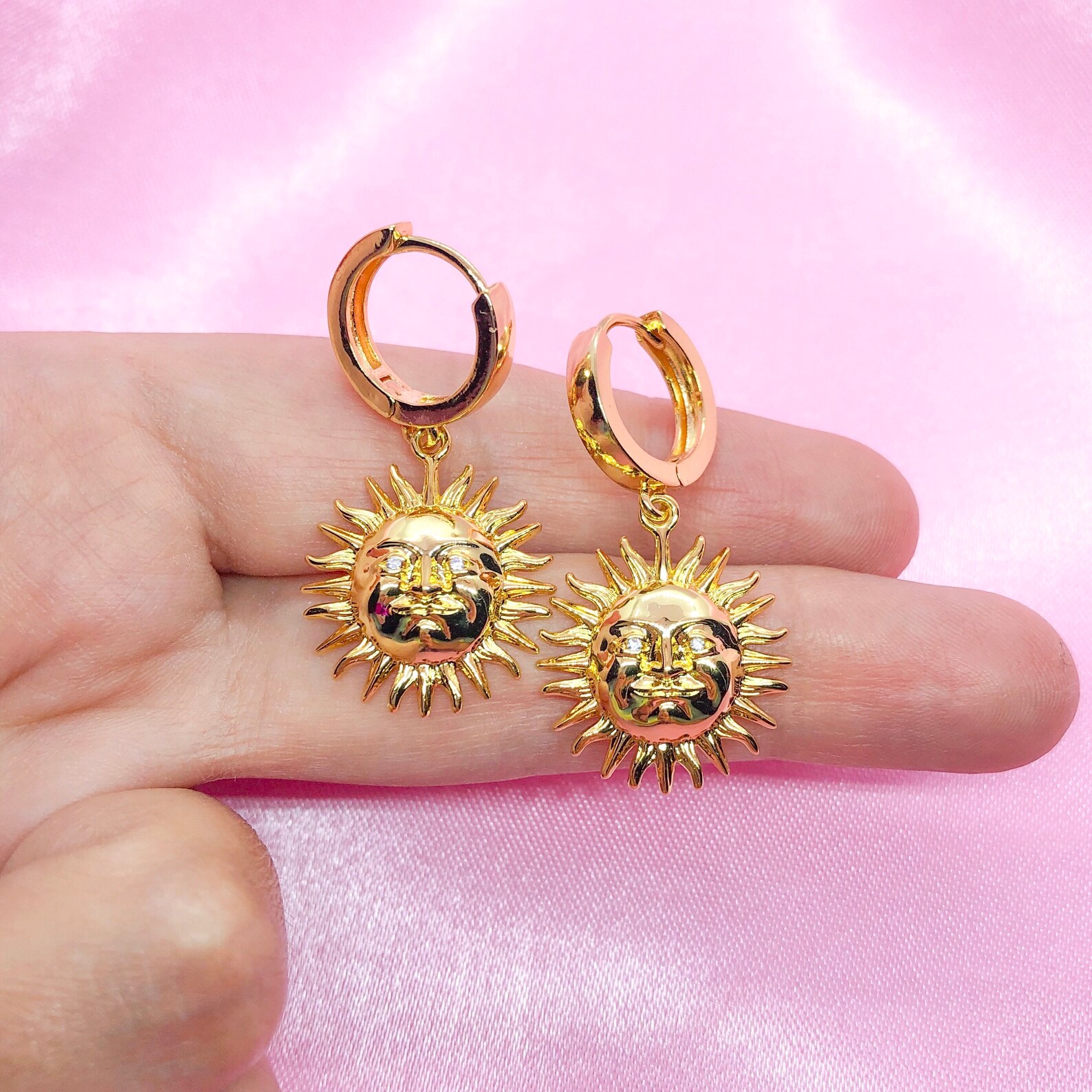 18k Gold Plated Sun Sunburst Face Charm Earrings With Gold - Etsy