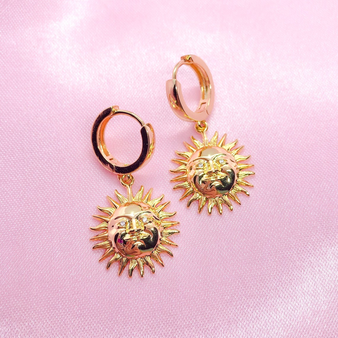 18k Gold Plated Sun Sunburst Face Charm Earrings With Gold - Etsy