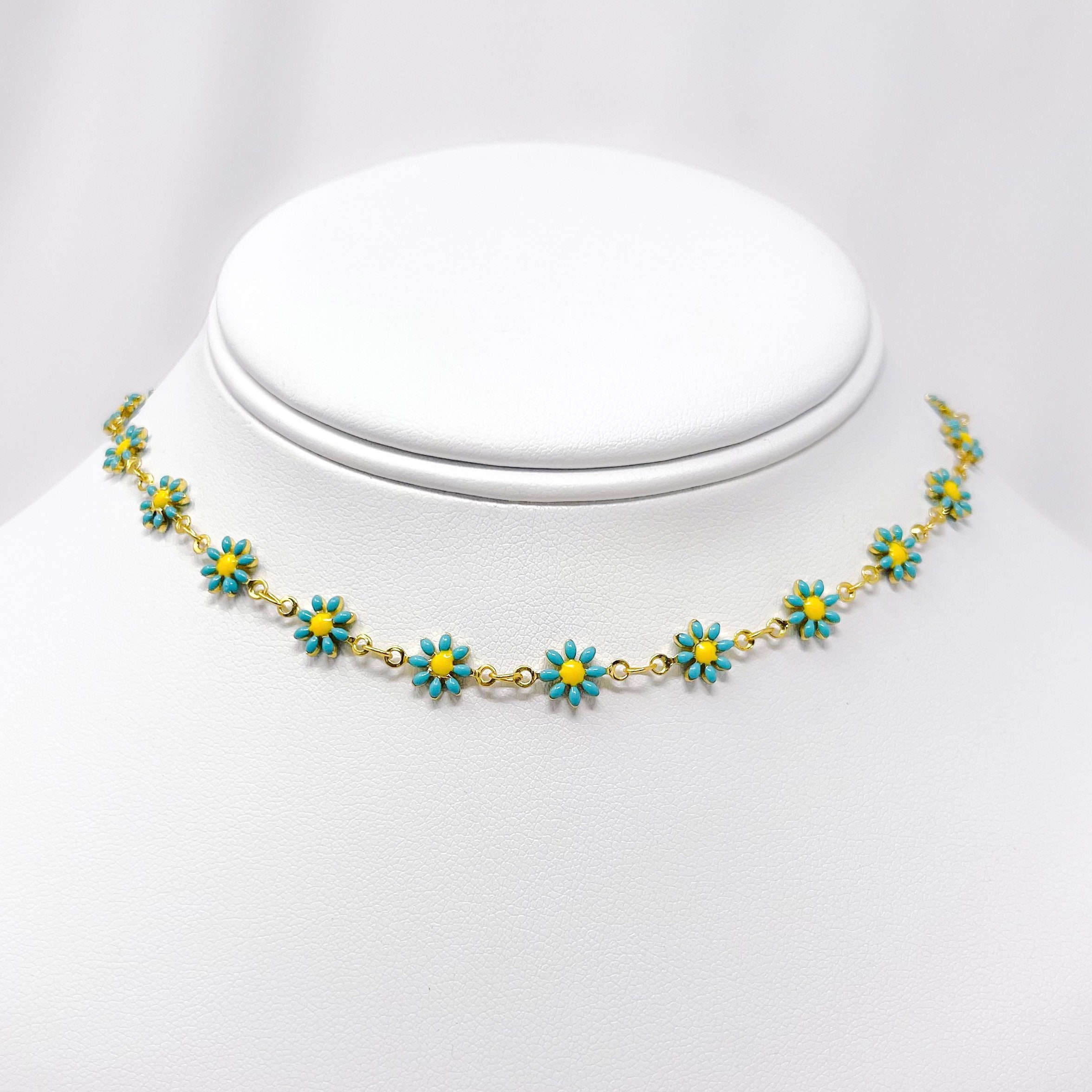 Resizable Daisy Chain Chokers, Gold Plated Adjustable Enamel Daisy ...