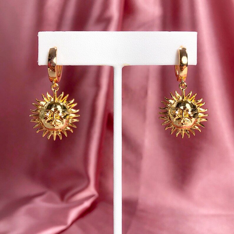 18k Gold Plated Sun Sunburst Face Charm Earrings With Gold - Etsy