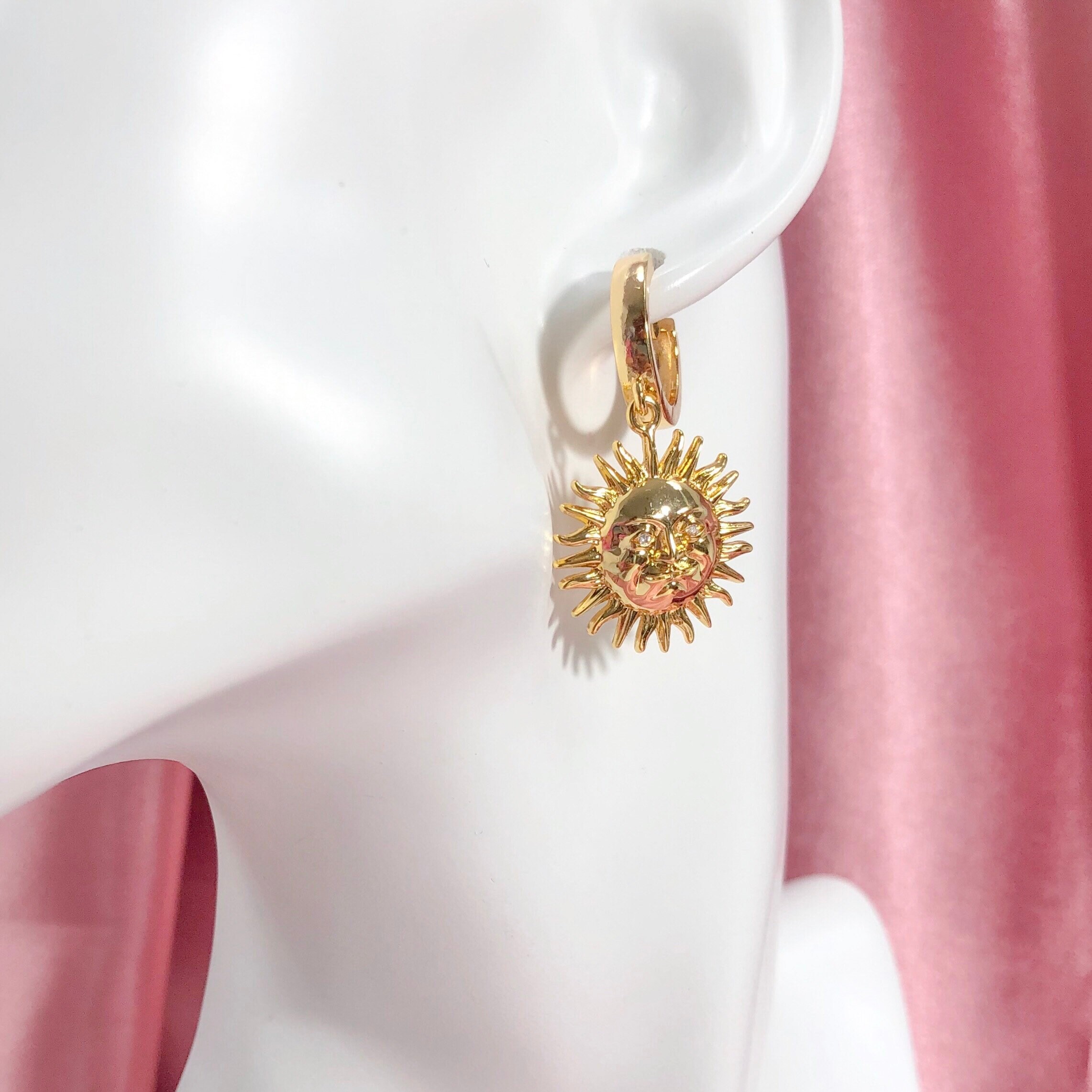 18k Gold Plated Sun Sunburst Face Charm Earrings With Gold - Etsy