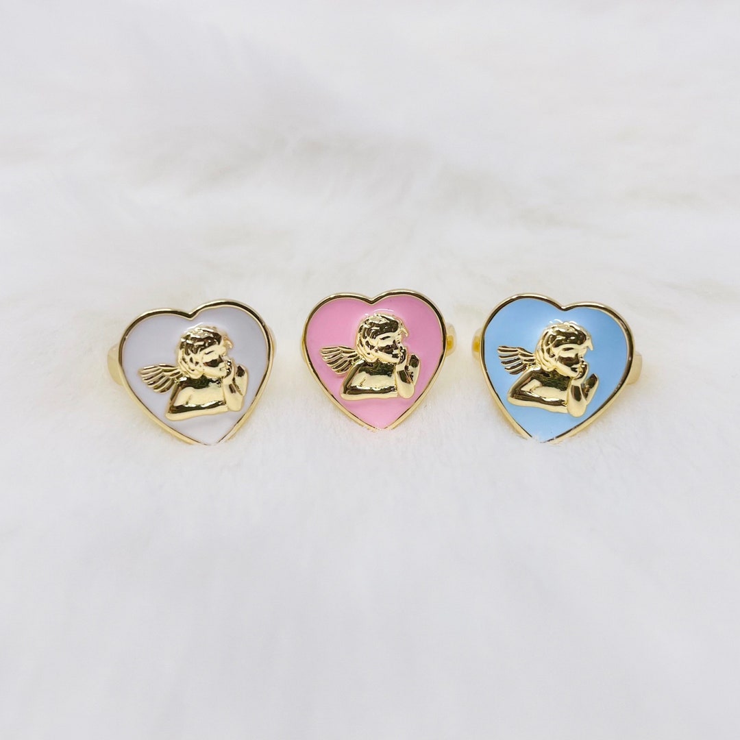 Adjustable Heart Cherub Ring, Gold Plated White, Pink, and Blue Enamel ...