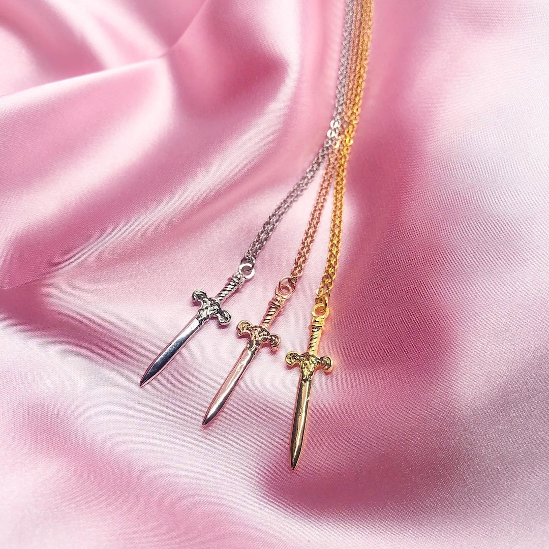 Gold, Rose Gold, or Rhodium Plated Dagger Sword Charm Necklace With ...