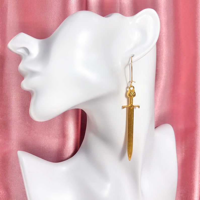 Antique silver or gold plated dangle sword earrings | Etsy