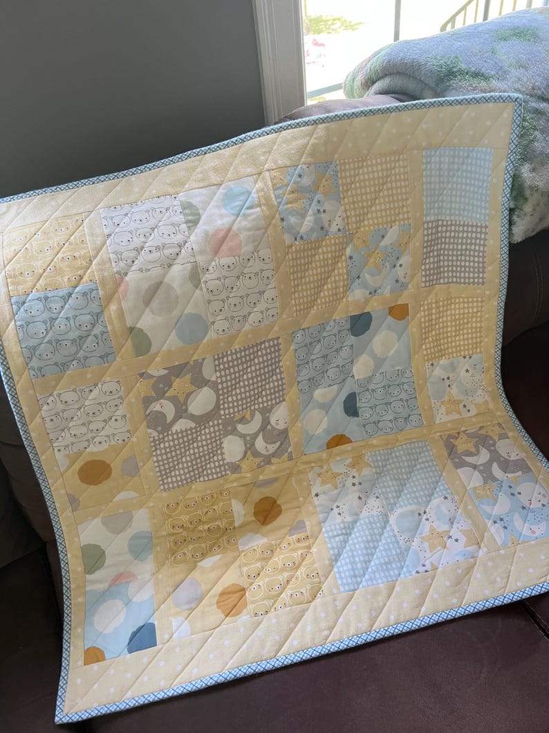 Baby Quilt Handmade Baby Boy Baby Girl Patchwork Quilt Blue Gray Yellow ...