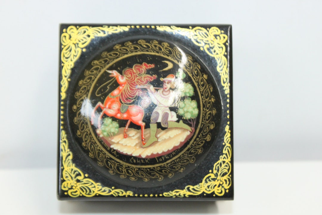 A Square Russian Lacquer Trinket Box, 2 1/2" Horse in the Picture ...