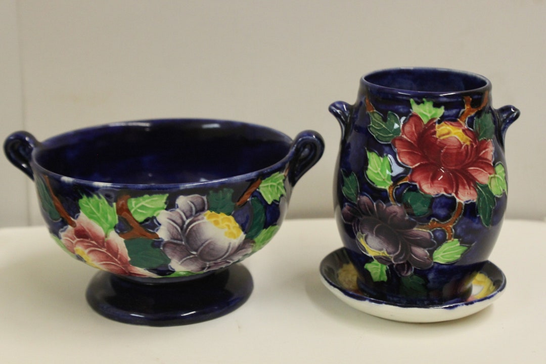 Maling Pottery Creamer & Sugar Set: Hand-painted Peony Rose, 1930s Art ...