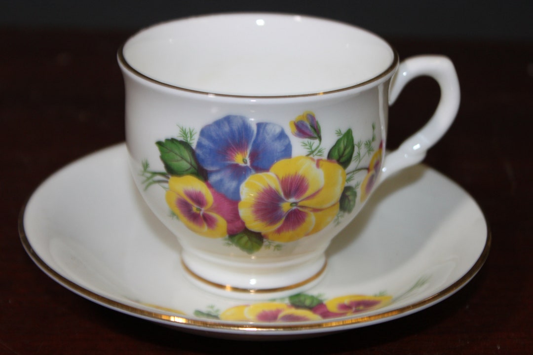 Clare Bone China Teacup & Saucer Set - Pansy Pattern, Vintage Tea Party ...