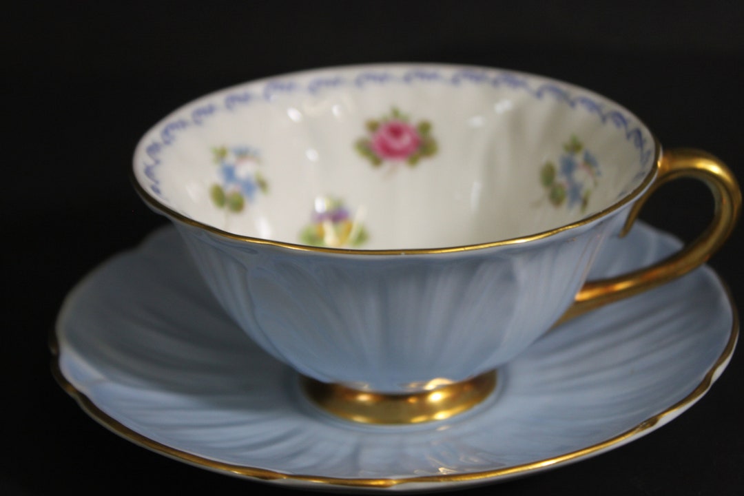 Shelley Tea Cup and Saucer: Roses, Pansies, Forget Me Nots, Pale Blue ...