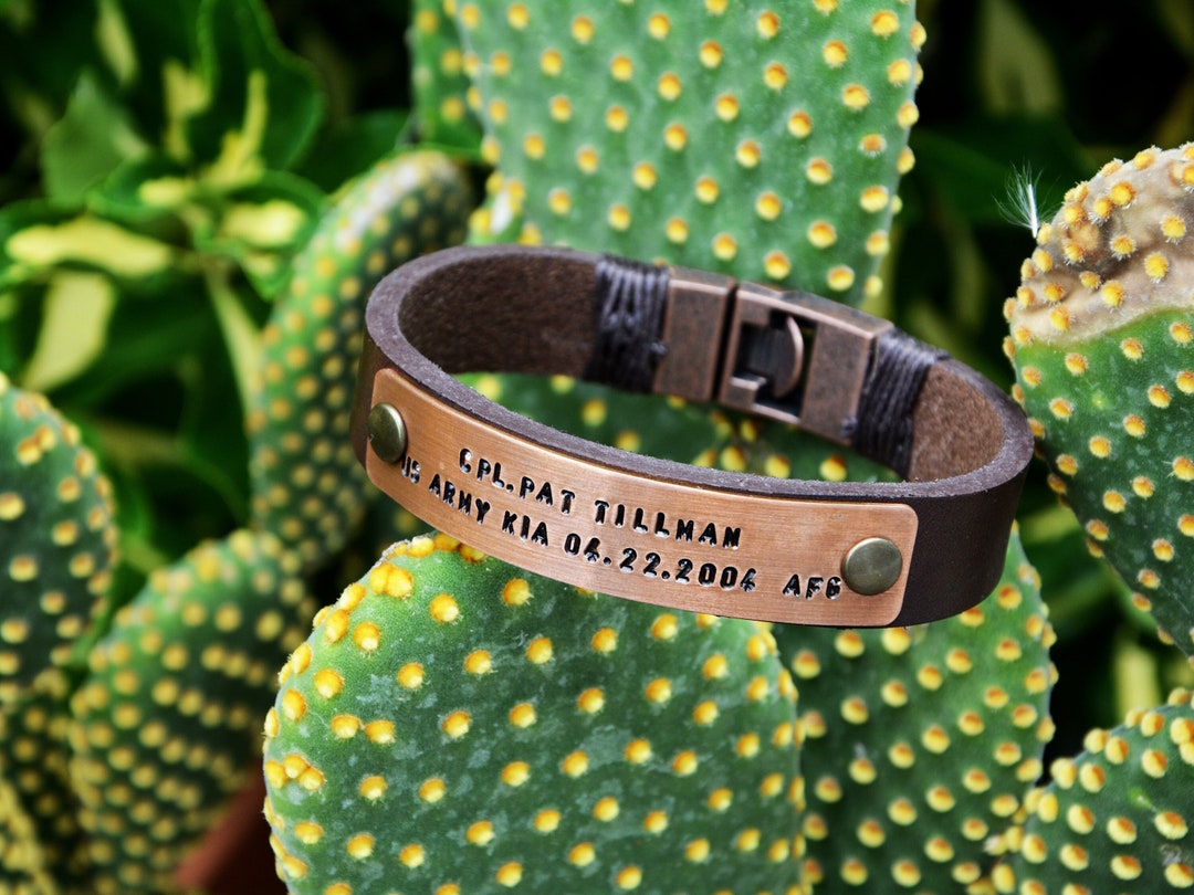Custom Memorial Military Men Leather KIA Bracelet, Copper Engraved ...