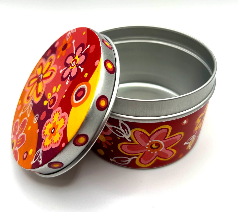Large Round Metal Box (8oz) With Lid - RED and ORANGE FLORAL - Etsy
