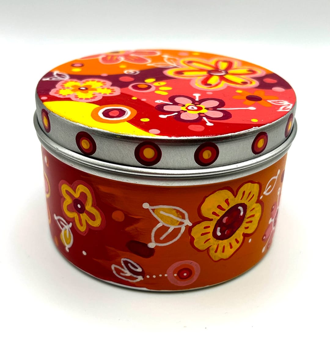 Large Round Metal Box (8oz) With Lid - RED and ORANGE FLORAL - Etsy