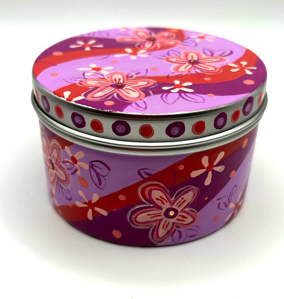 Large Round Metal Box (8oz) With Lid - PINK and RED FLORAL - Etsy