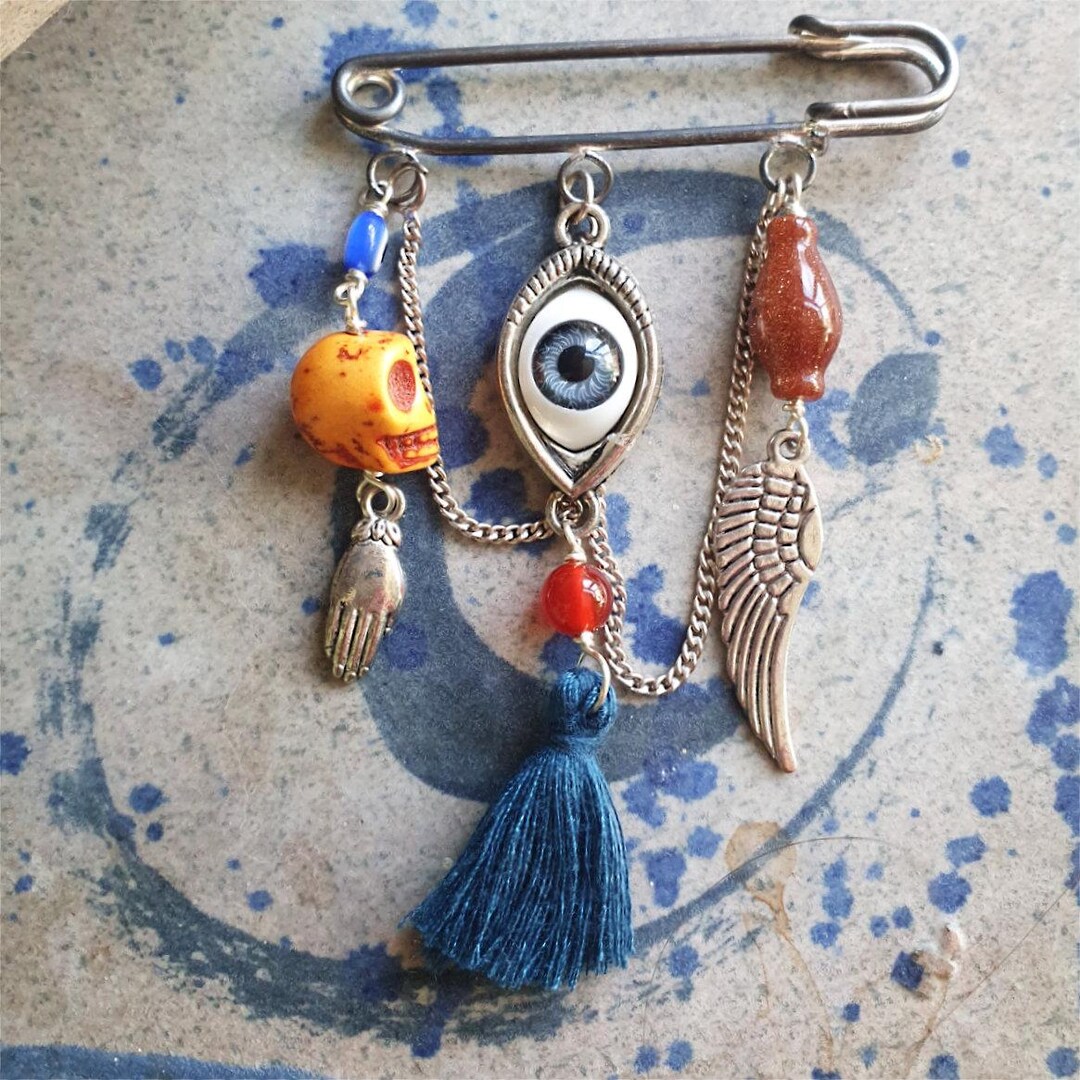 Amulet Brooch Created With a Skull, Eye, Angel Wing, Lotus Hand and ...