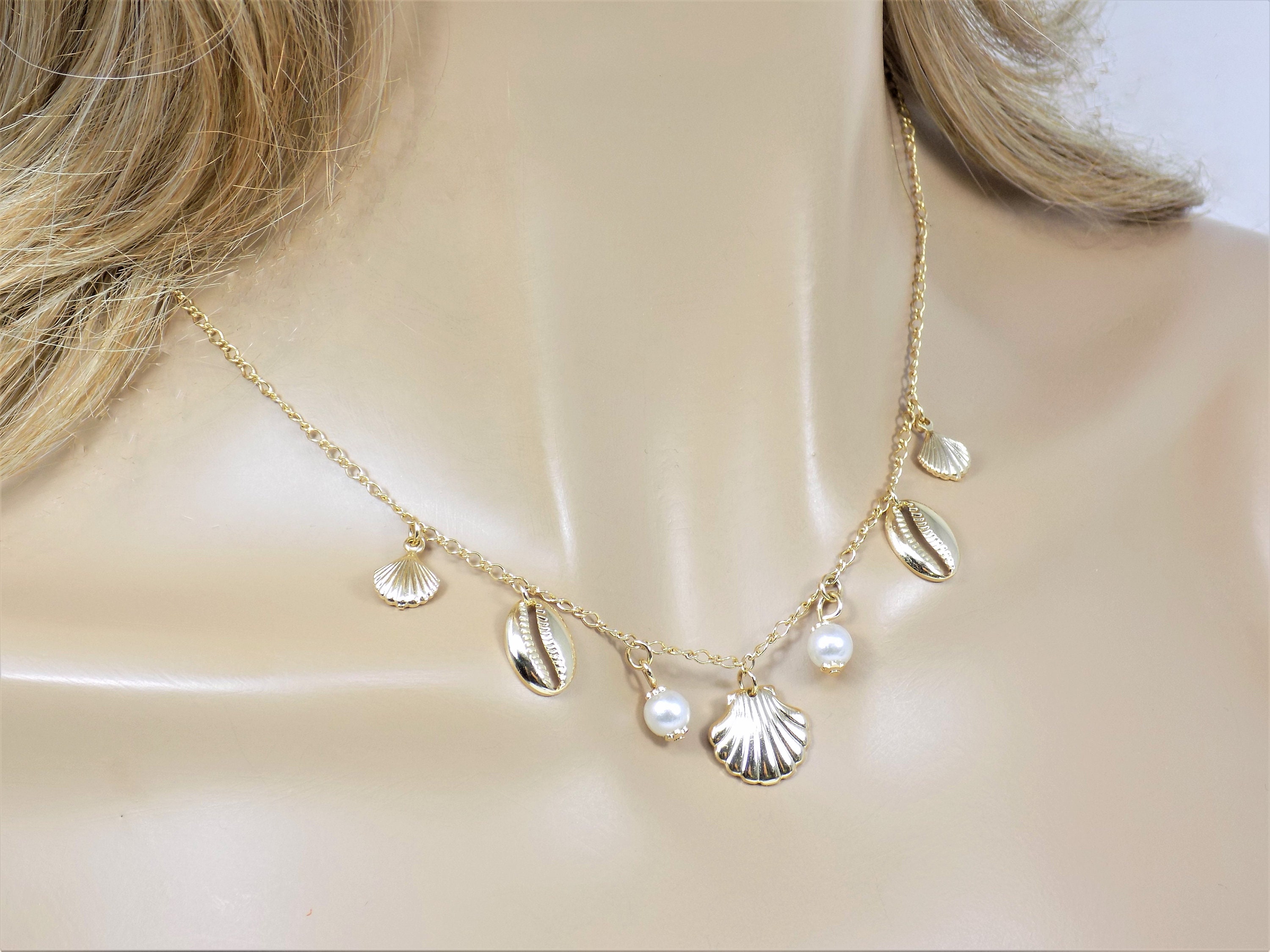 Seashell Pearl Necklace Shell Mixed Charm Necklace Gold - Etsy