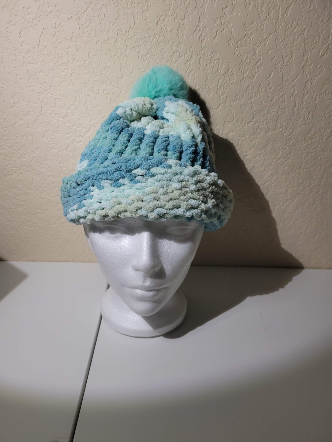 Fleece Handknit Beanie | Light Blue, Teal & Green Beanie | Teal Poof ...