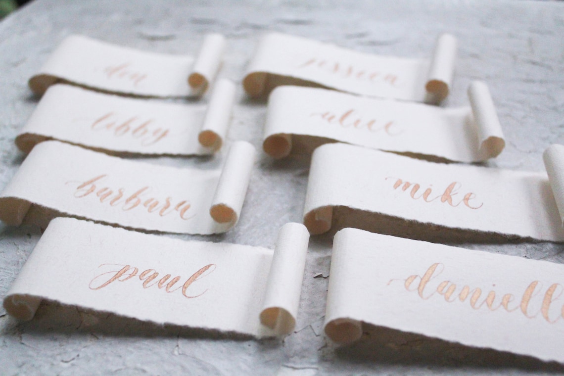 Blush and Gold Handmade Paper Scroll Place Cards With | Etsy