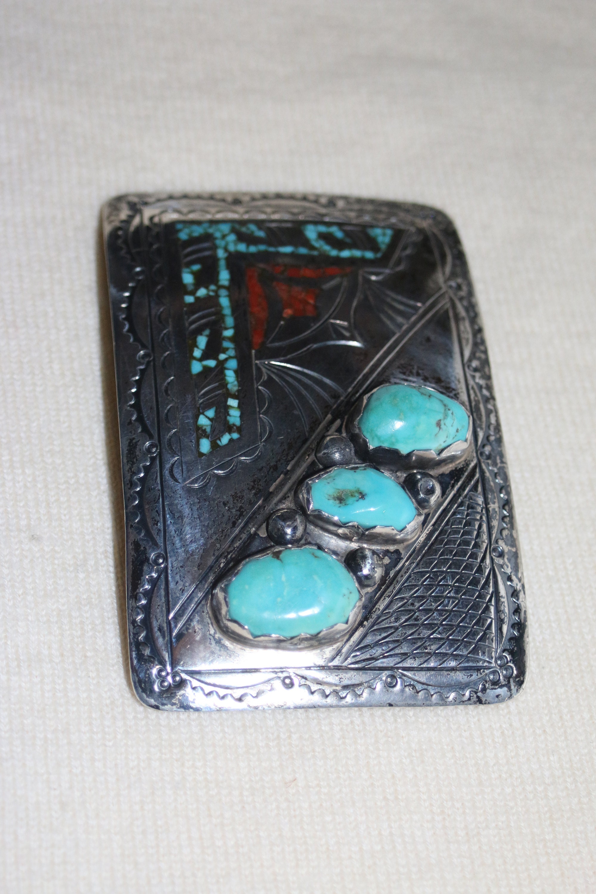 Navajo Signed J Nezzie Sterling Silver Large Morenci Turquoise Coral ...